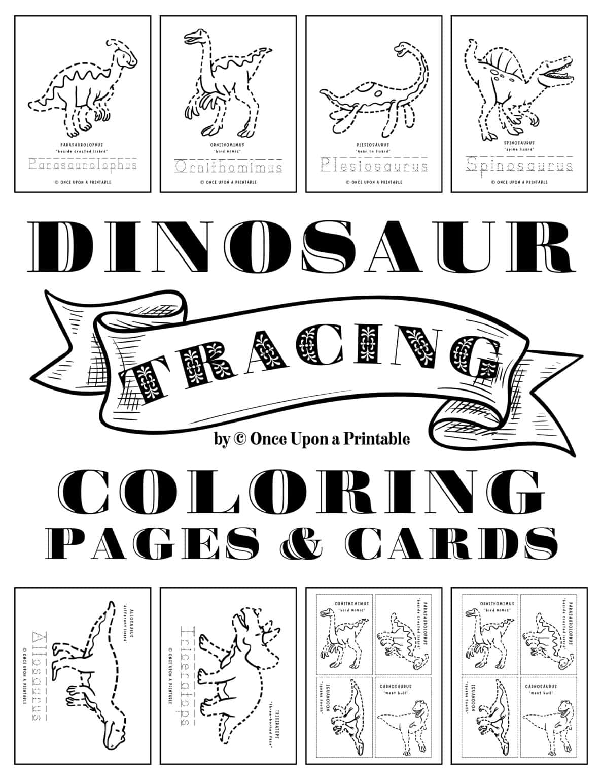 Dinosaur Tracing Coloring Pages (Free Printable) - Once Upon A Printable